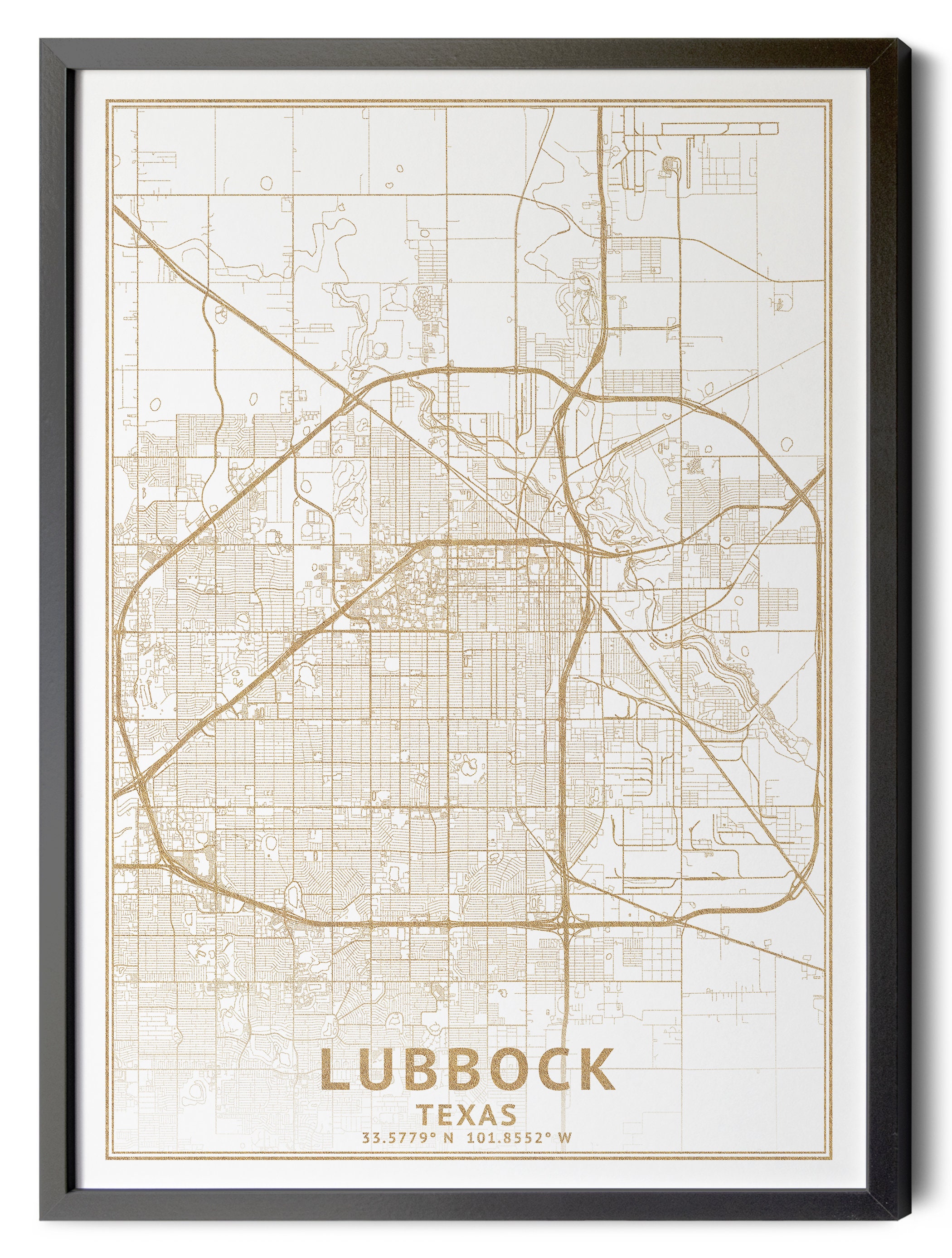 Lubbock Texas Map, High Resolution Real Gold Leaf Texture, Coordinates ...