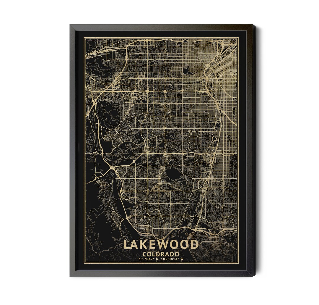 Lakewood Colorado Map, Black, High Resolution Real Gold Leaf Texture ...