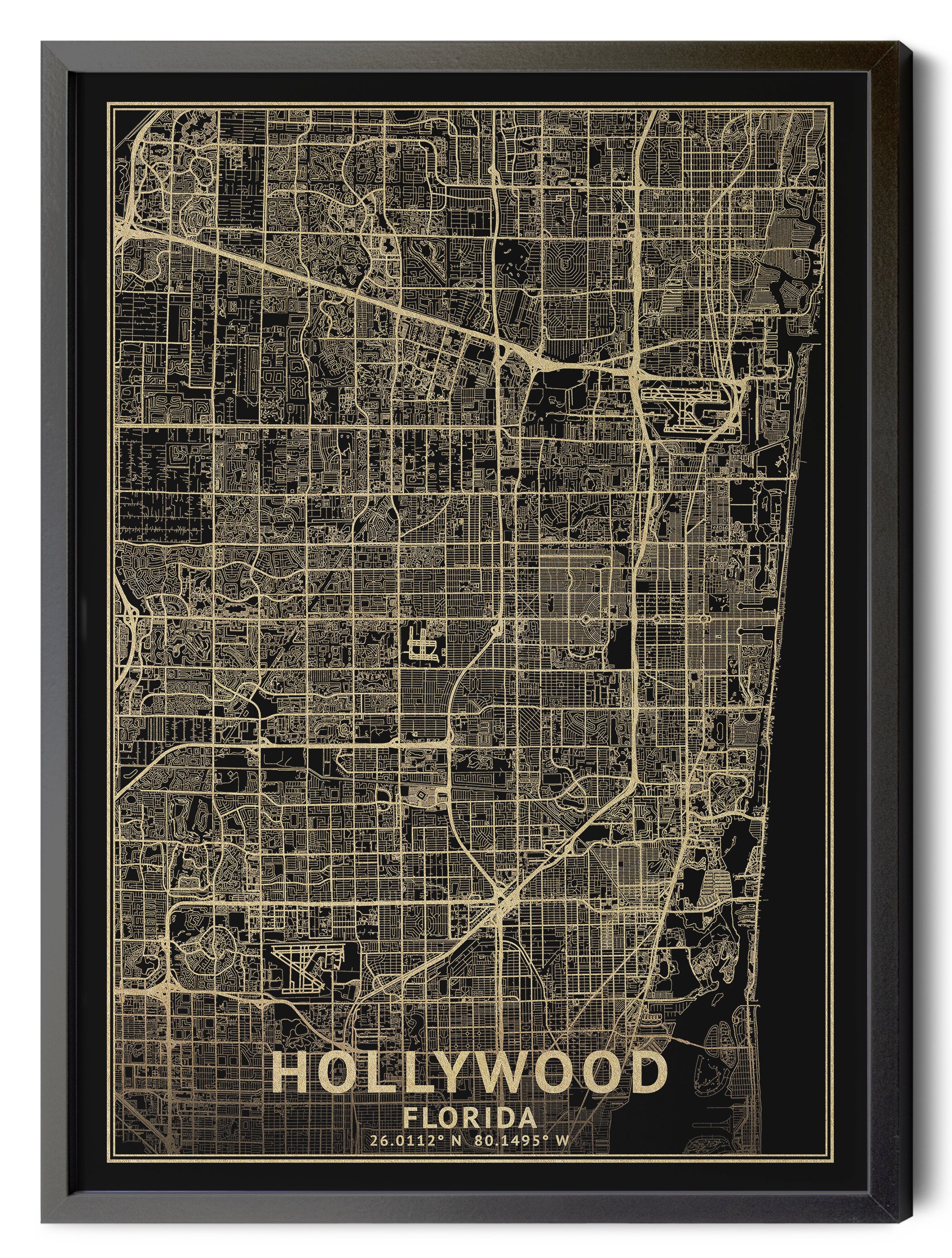 Hollywood Florida Map, Black, High Resolution Real Gold Leaf Texture ...