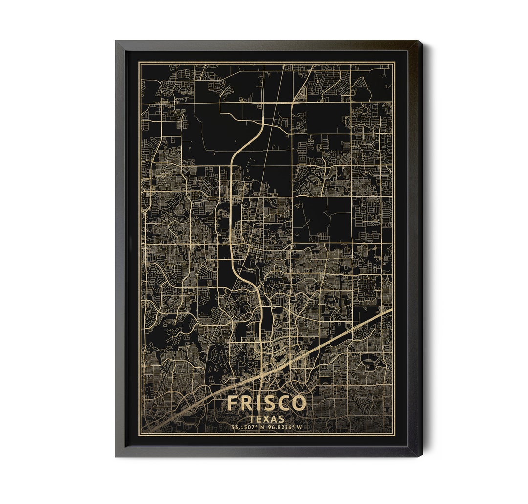 Frisco Texas Map, Black, High Resolution Real Gold Leaf Texture ...