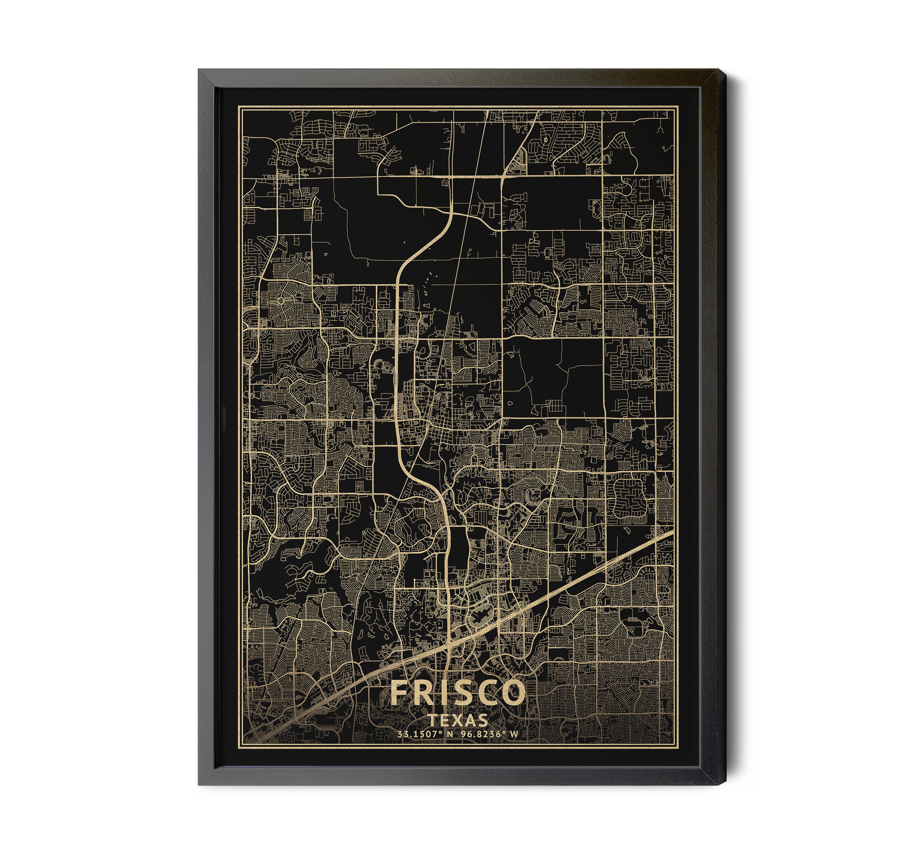 Frisco Texas Map, Black, High Resolution Real Gold Leaf Texture ...