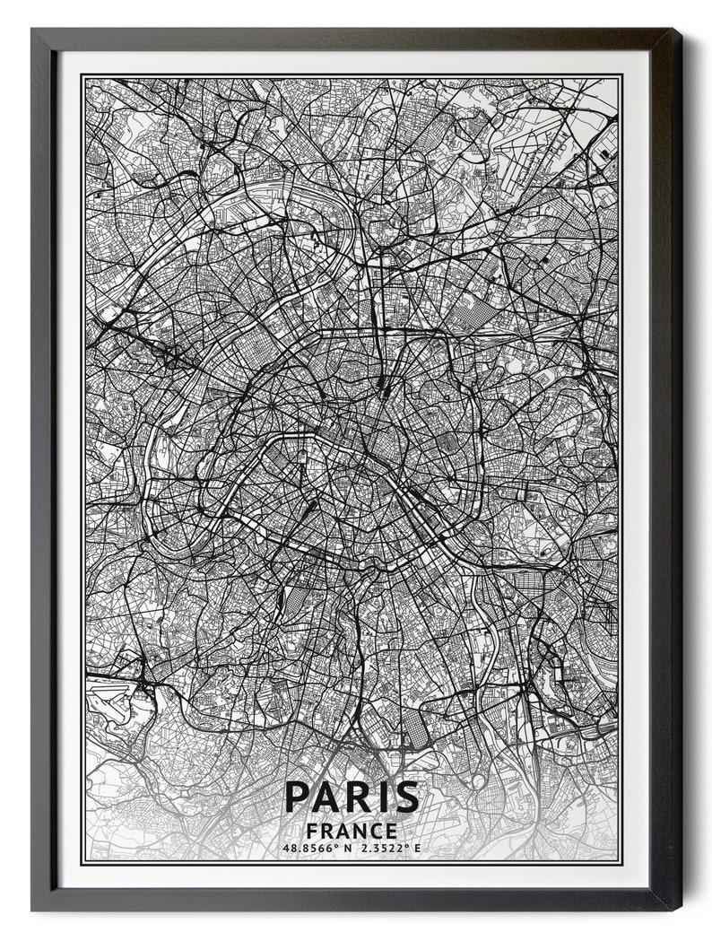 Paris France Map, Paris Map Print, Coordinates, Black and White ...