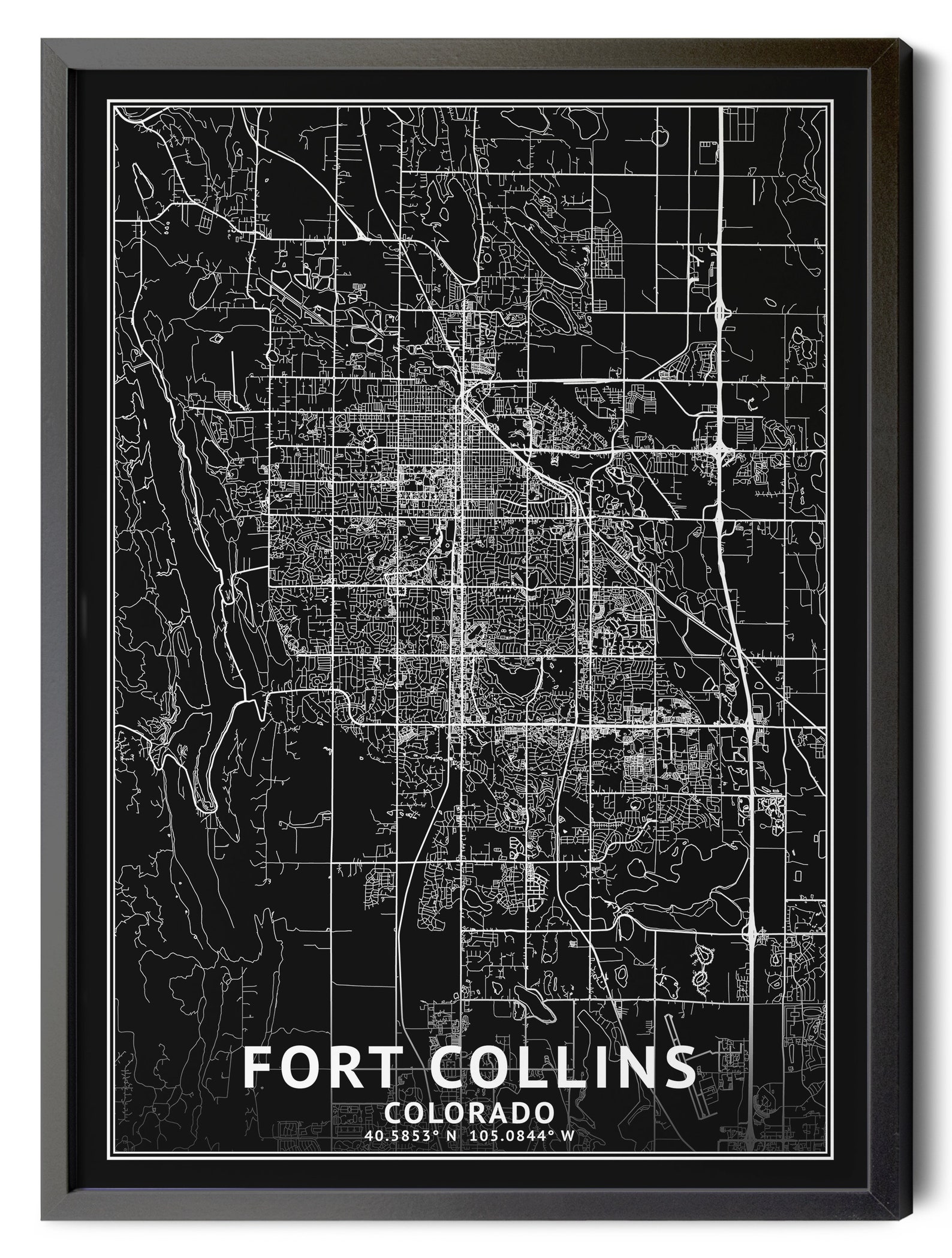 Fort Collins Colorado Map, Black and White, Inverted, Coordinates, Map ...