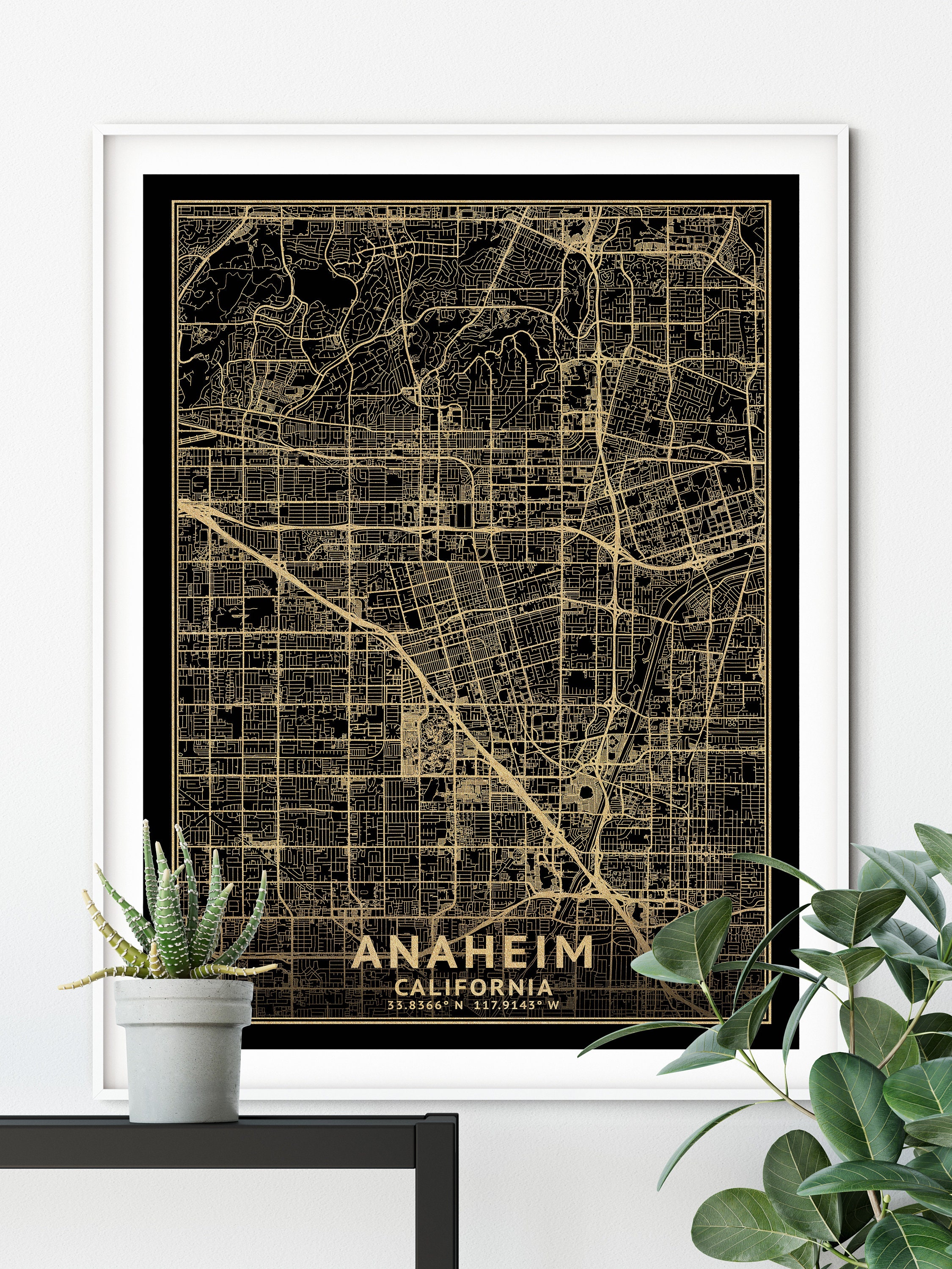 Anaheim California Map, Black, High Resolution Real Gold Leaf Texture ...