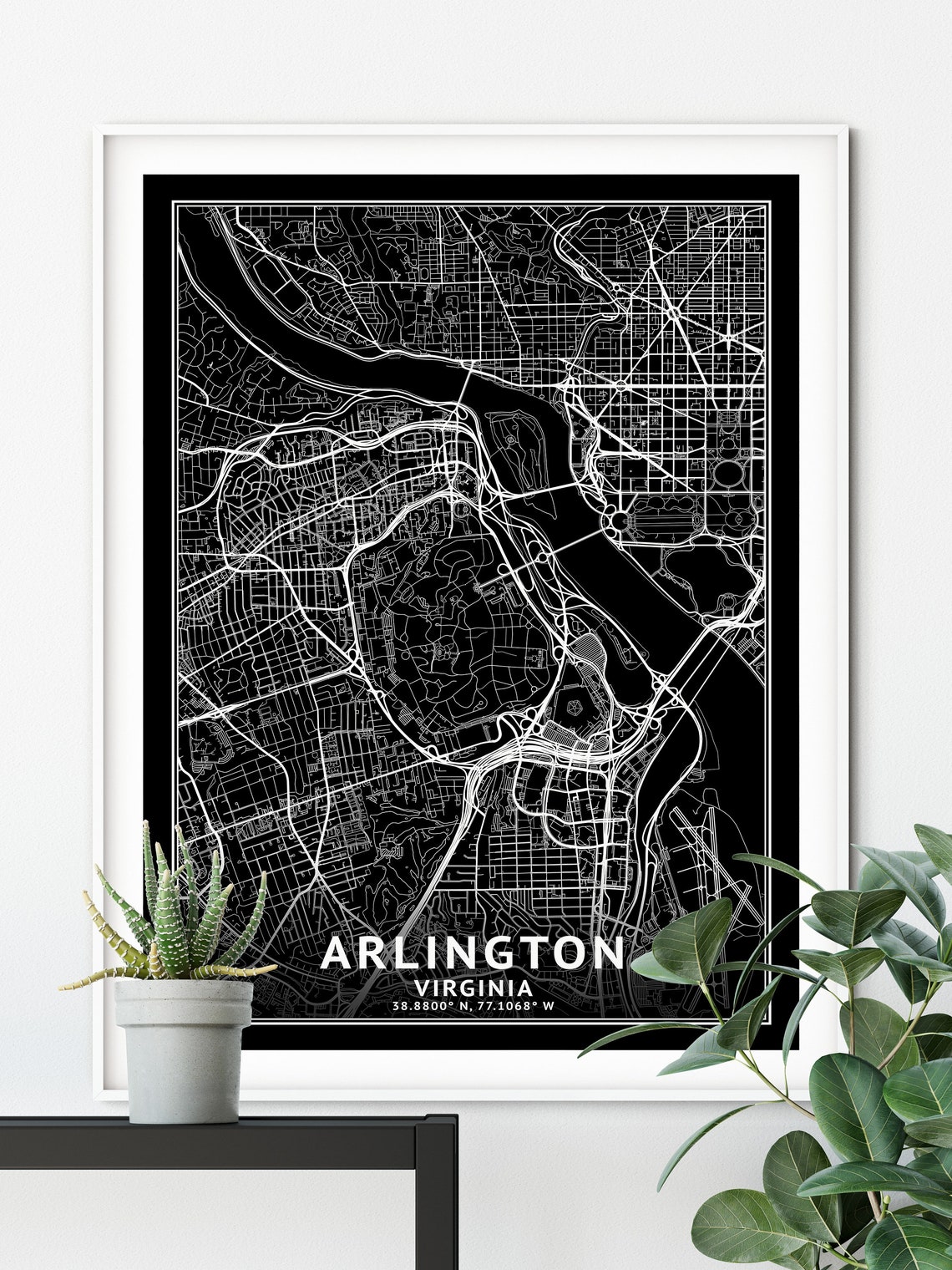 Arlington Virginia Map Black and White Inverted | Etsy