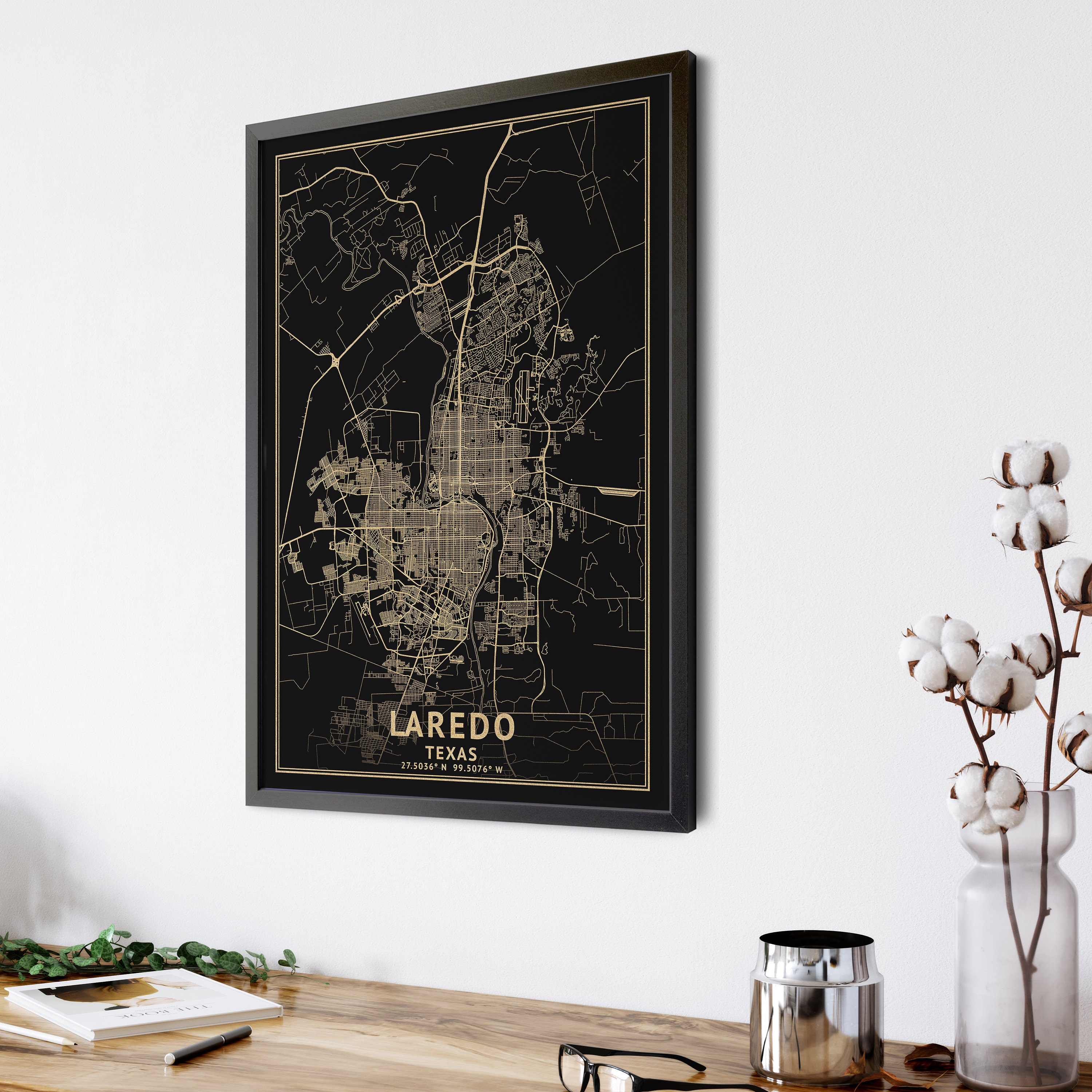 Laredo Texas Map, Black, High Resolution Real Gold Leaf Texture ...