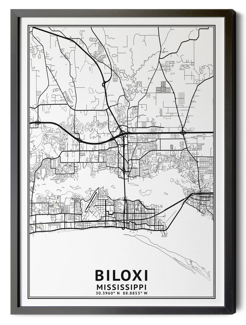 Biloxi Mississippi Map, Black and White, Coordinates, Map of Biloxi ...