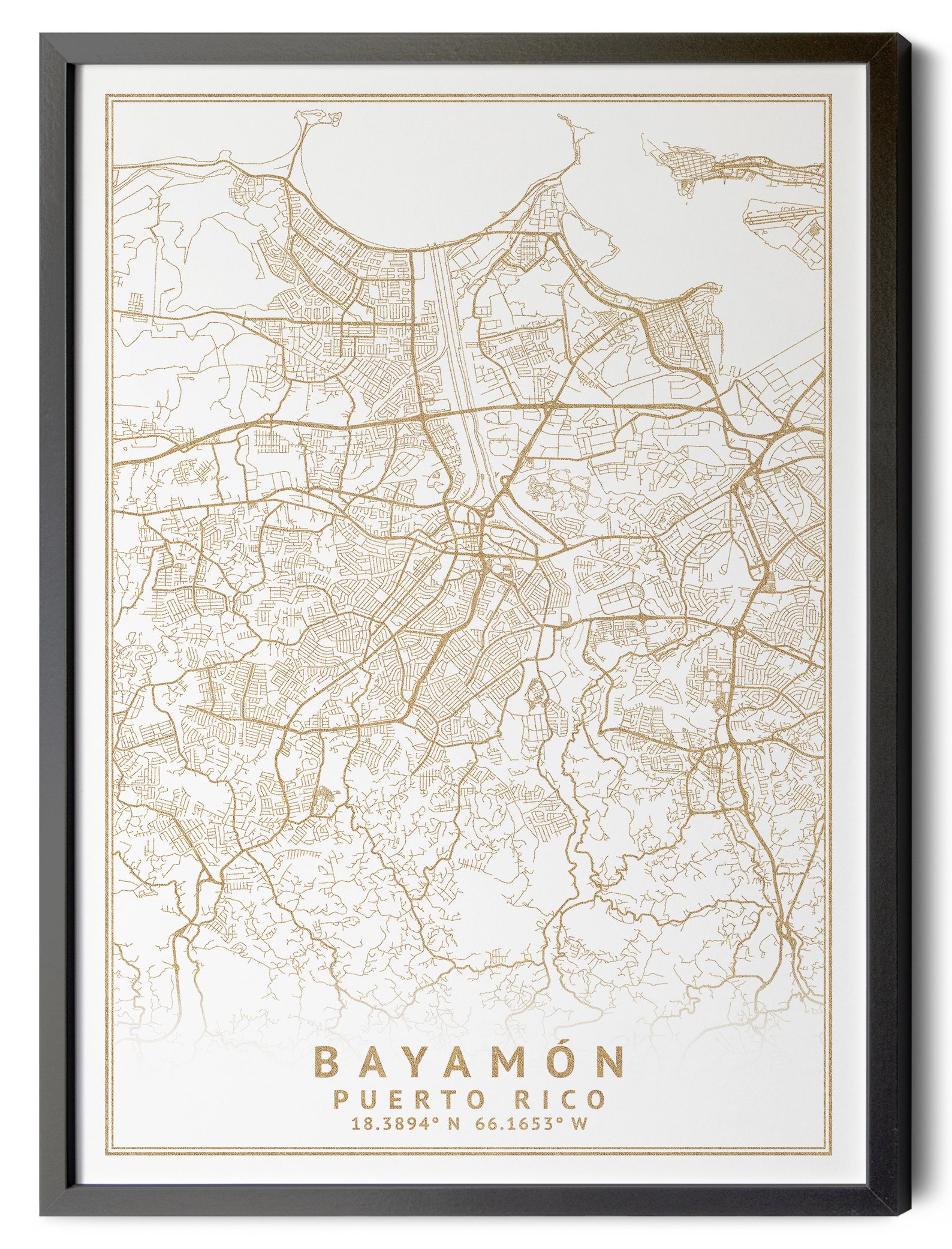 Bayamon Puerto Rico Map High Resolution Real Gold Leaf | Etsy
