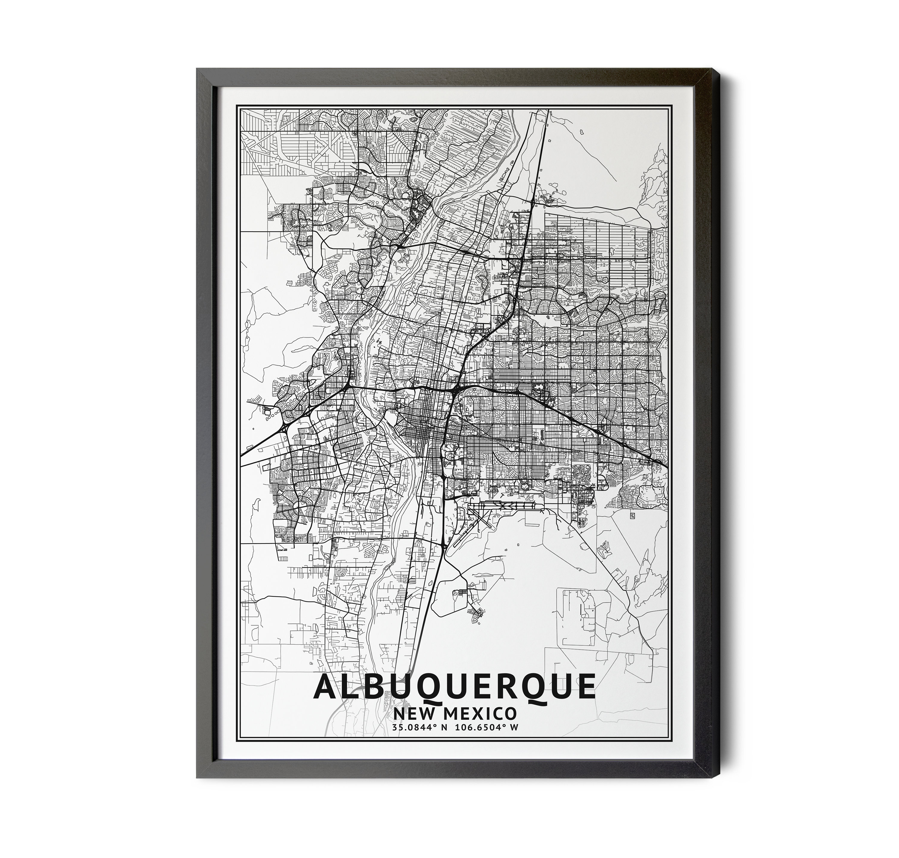 Albuquerque New Mexico Map, Black and White, Coordinates, Map of ...