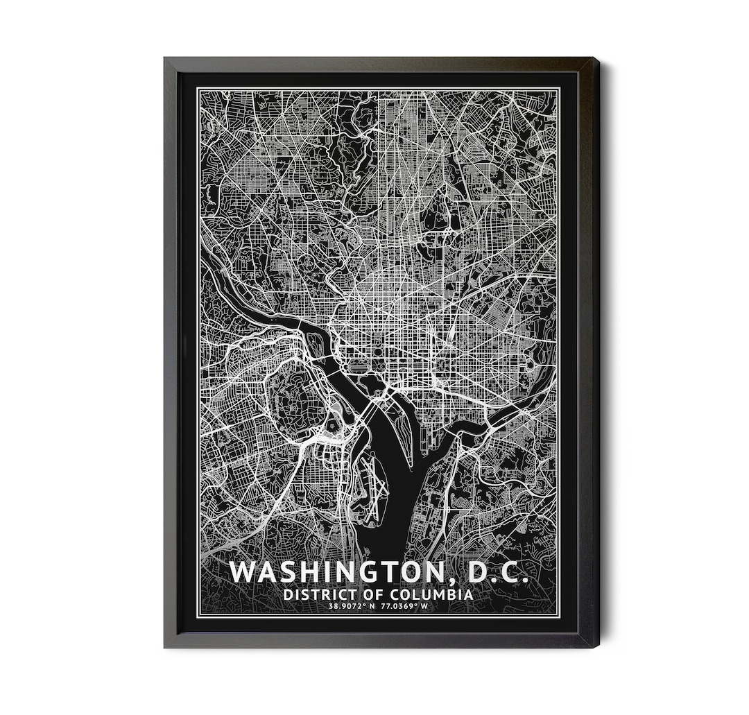 Washington DC Map, Black and White, Inverted, Coordinates, Washington ...