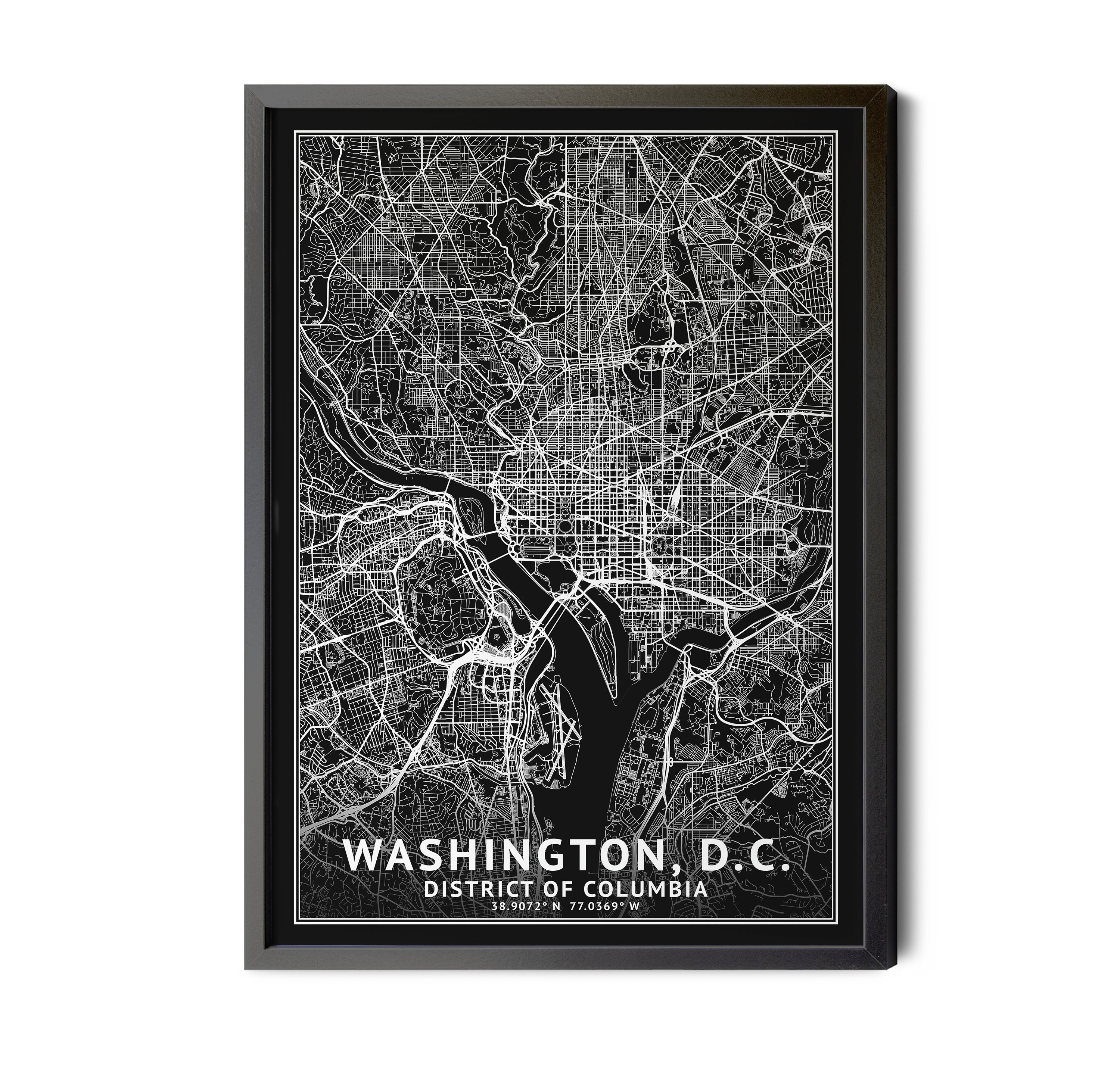 Washington DC Map, Black and White, Inverted, Coordinates, Washington ...
