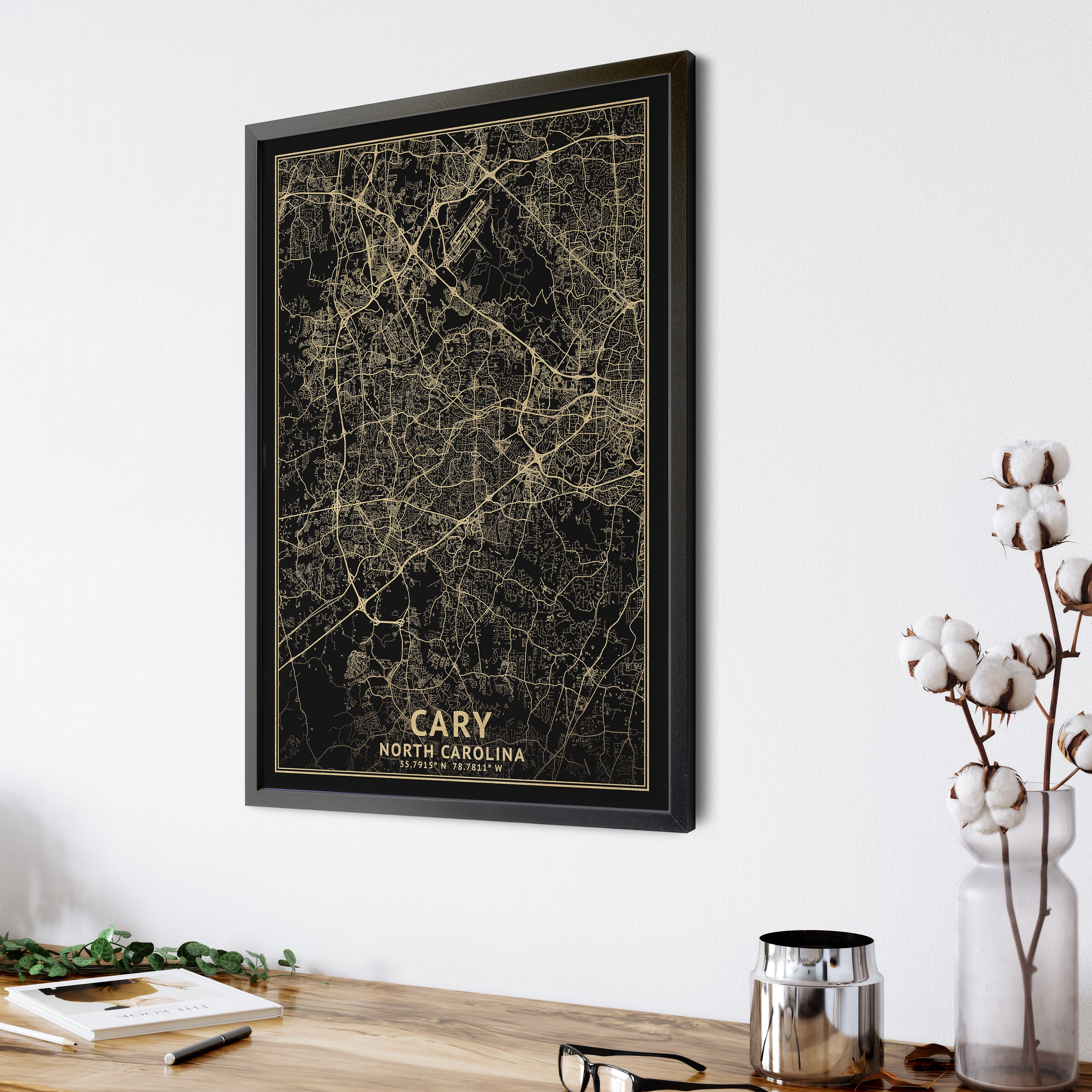 Cary North Carolina Map, Black, High Resolution Real Gold Leaf Texture ...