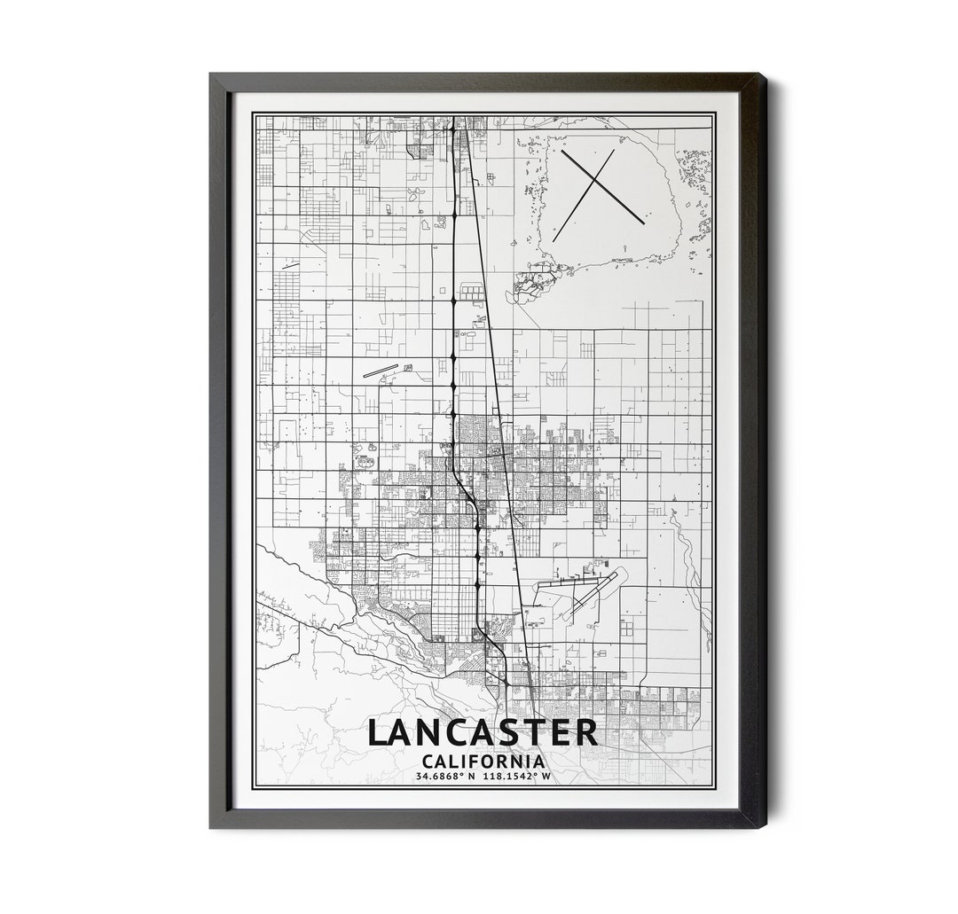 Lancaster California Map, Black and White, Coordinates, Map of ...