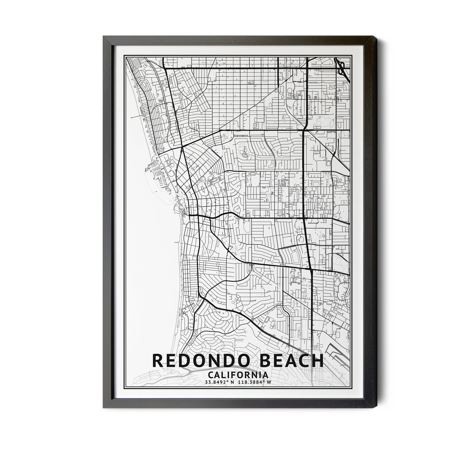 Redondo Beach California Map, Black and White, Coordinates, Map of ...