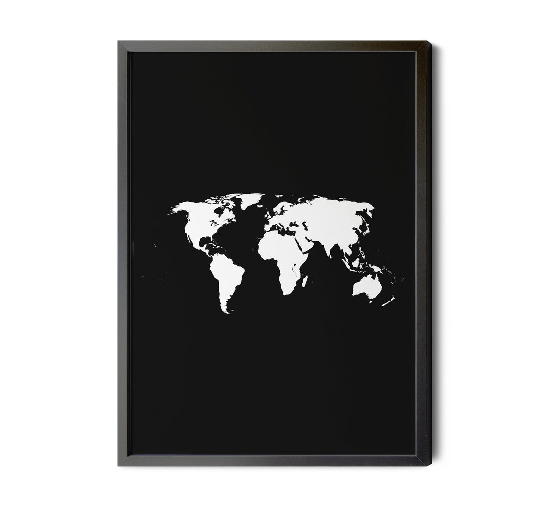 World Map, Black and White, Inverted, World Map Wall Art, Minimalist ...