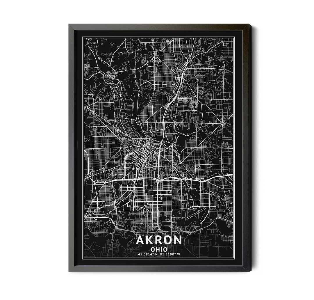 Akron Ohio Map, Black and White, Inverted, Coordinates, Map of Akron ...