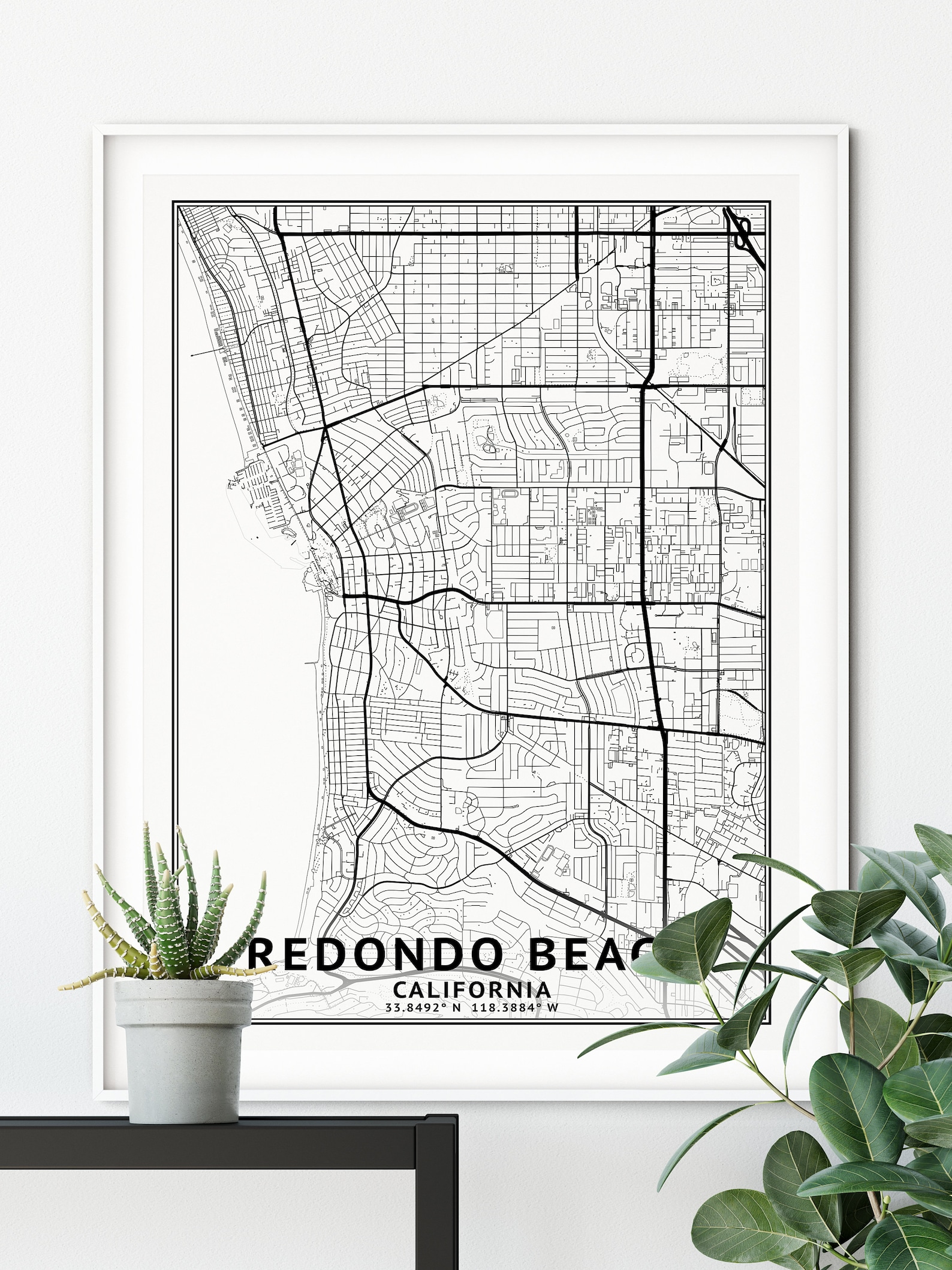 Redondo Beach California Map, Black and White, Coordinates, Map of ...