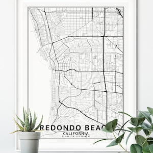Redondo Beach California Map, Black and White, Coordinates, Map of ...
