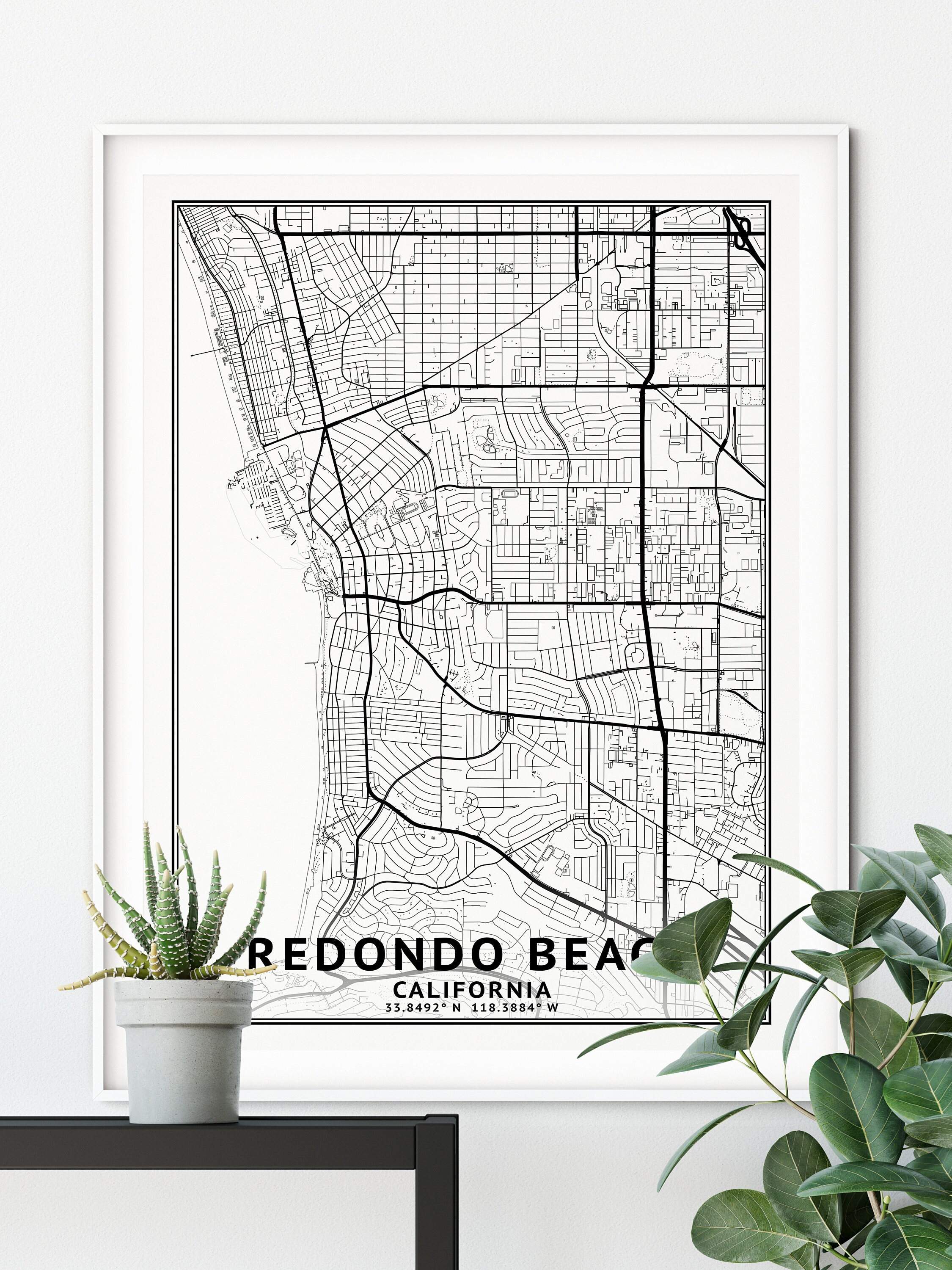 Redondo Beach California Map, Black and White, Coordinates, Map of ...