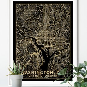Washington DC Map, Black and Gold, High Resolution Real Gold Leaf ...
