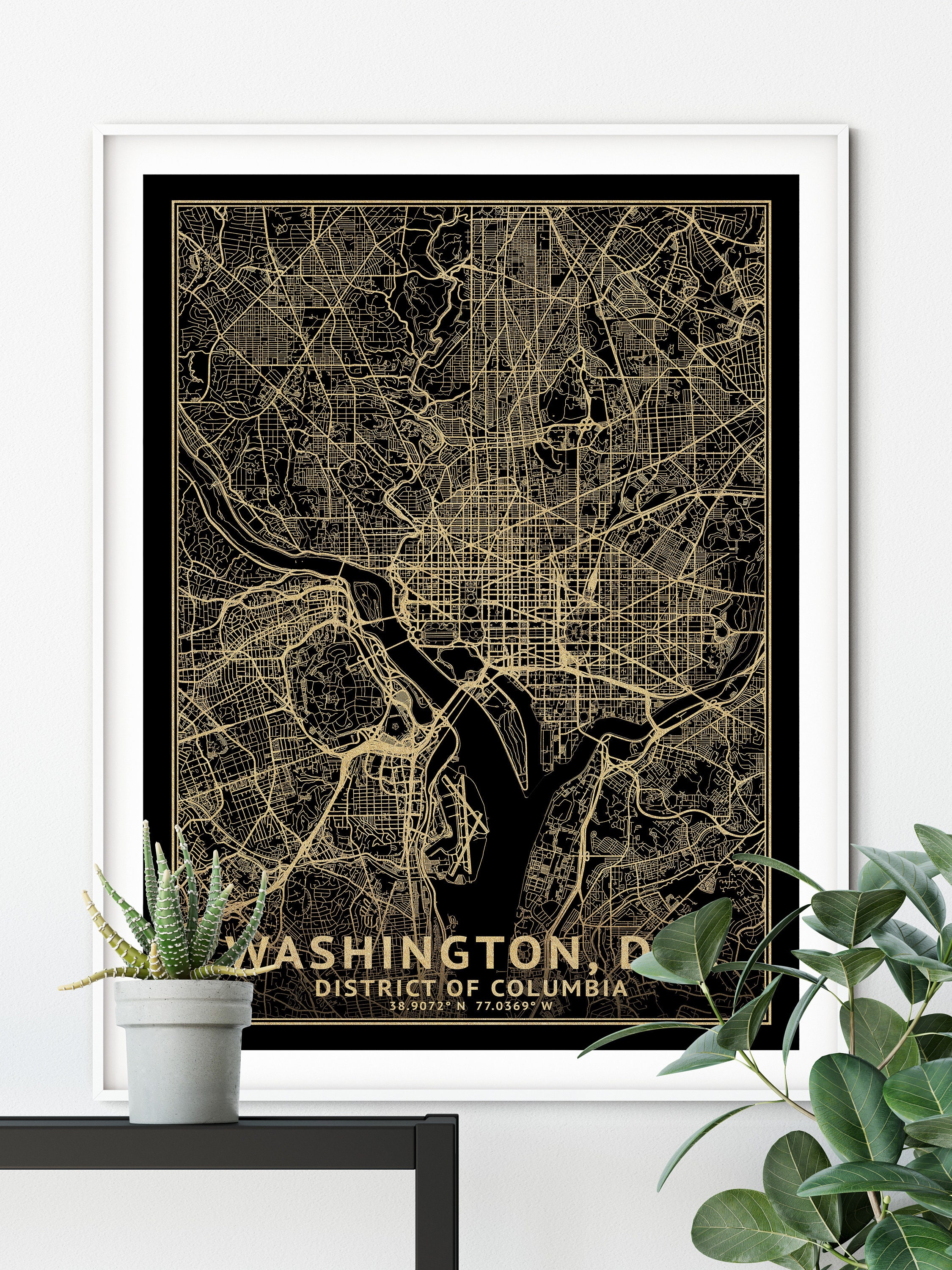 Washington DC Map, Black and Gold, High Resolution Real Gold Leaf ...