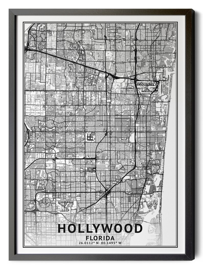 Hollywood Florida Map, Black and White, Coordinates, Map of Hollywood ...
