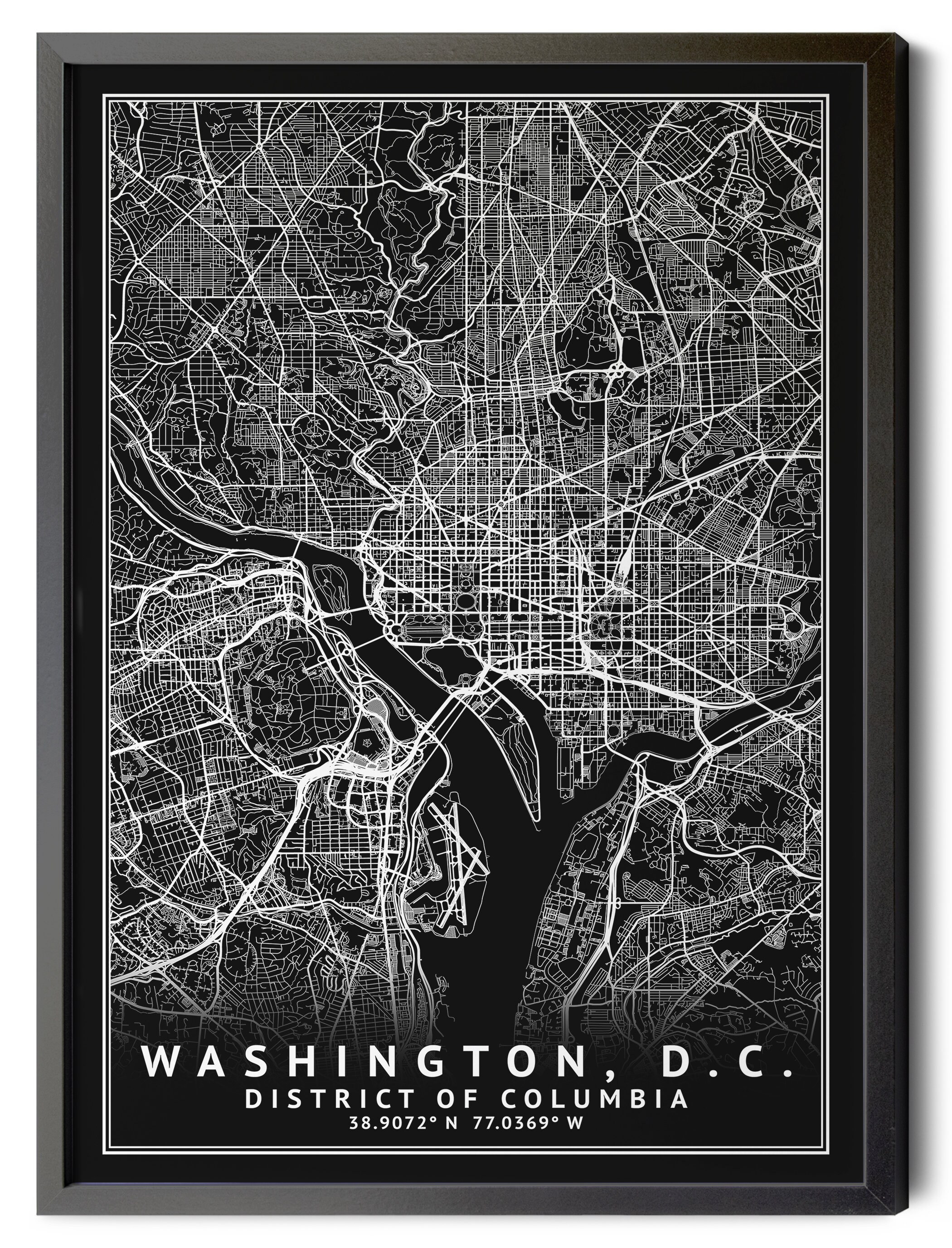 Washington DC Map Black and White Inverted Coordinates | Etsy