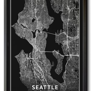 Seattle Washington Map, Black and White, Invetred Black, Coordinates ...