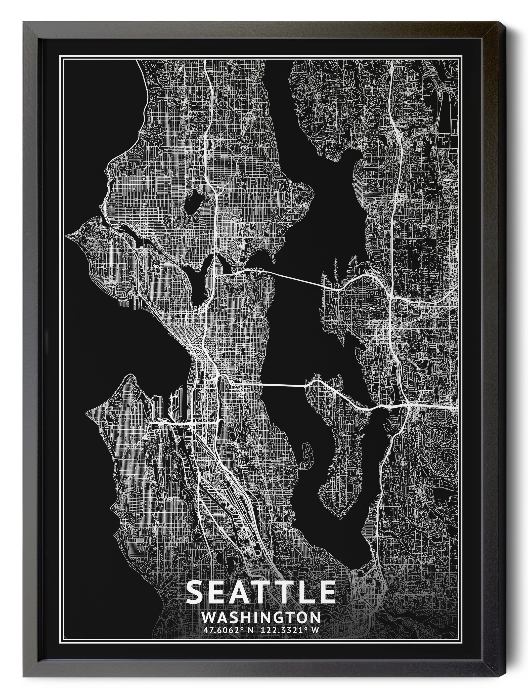 Seattle Washington Map, Black and White, Invetred Black, Coordinates ...
