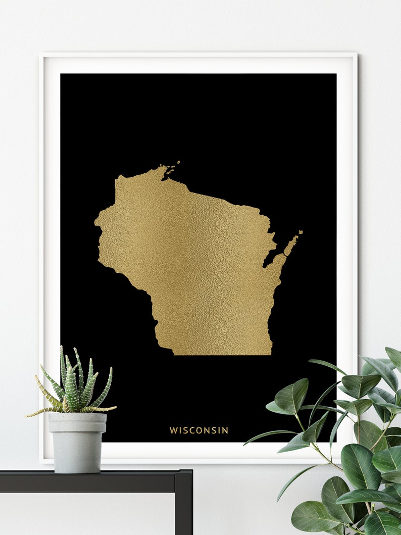 Wisconsin Map Black Gold Foil Texture Wisconsin Wall Art | Etsy