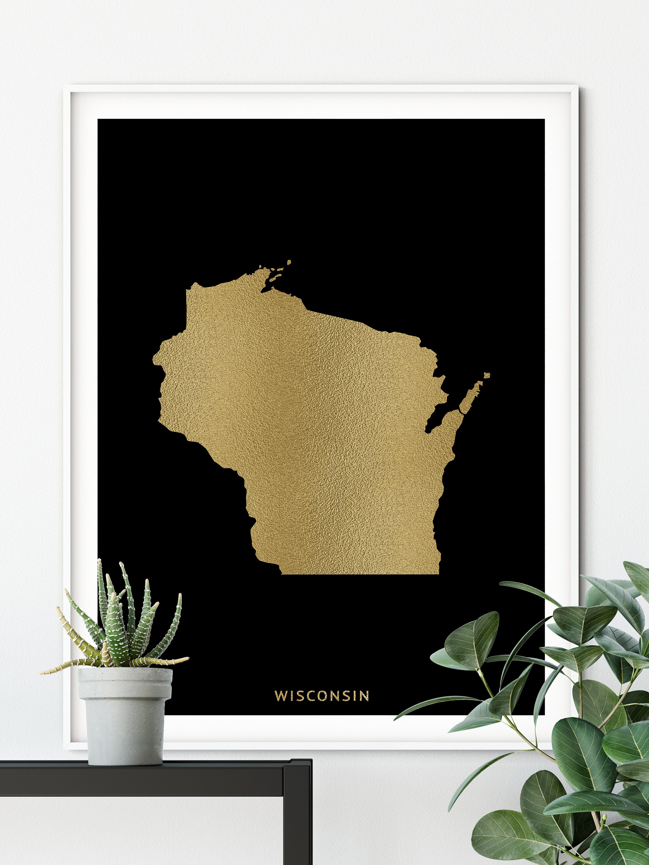 Wisconsin Map Black Gold Foil Texture Wisconsin Wall Art | Etsy