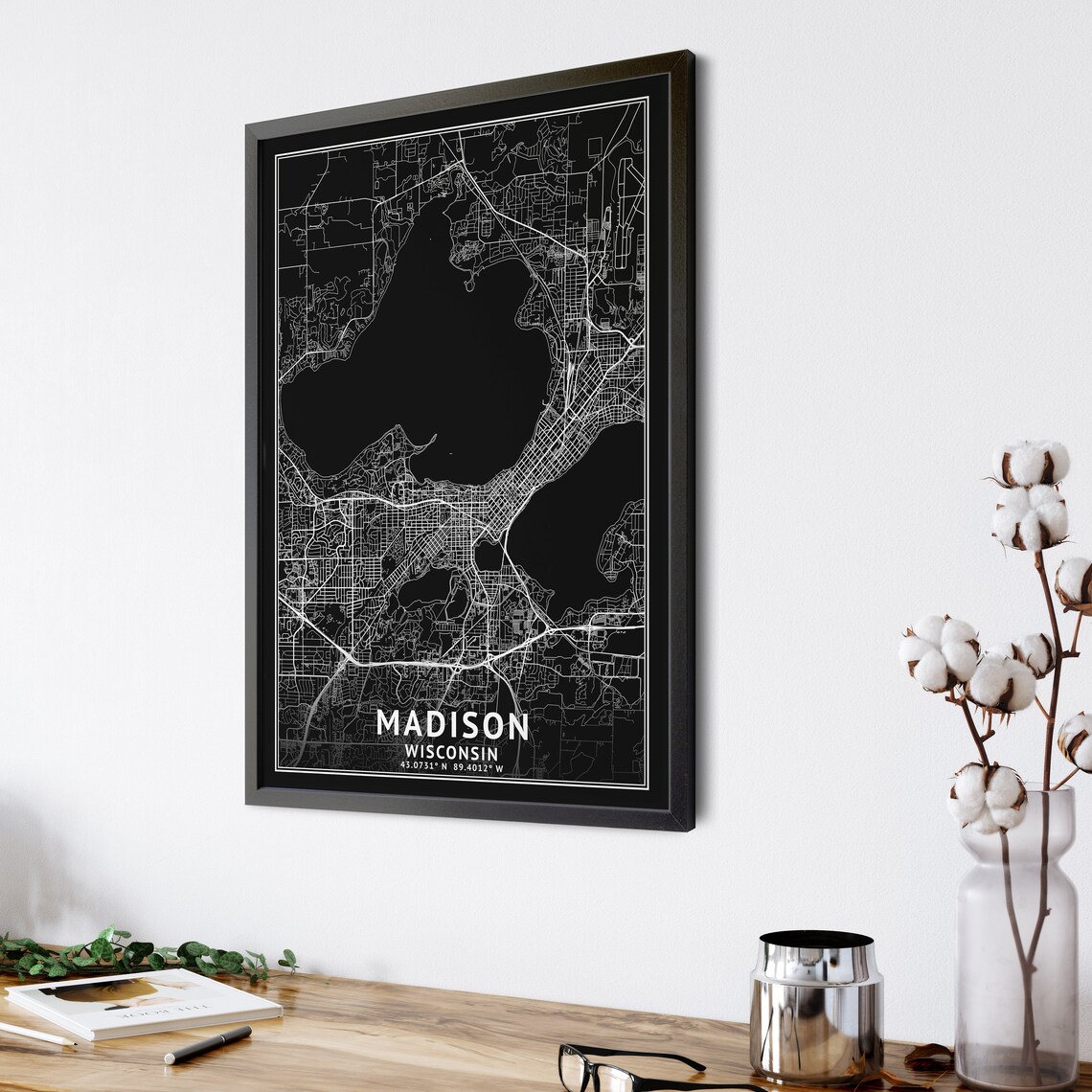 Madison Wisconsin Map Black and White Inverted Coordinates - Etsy