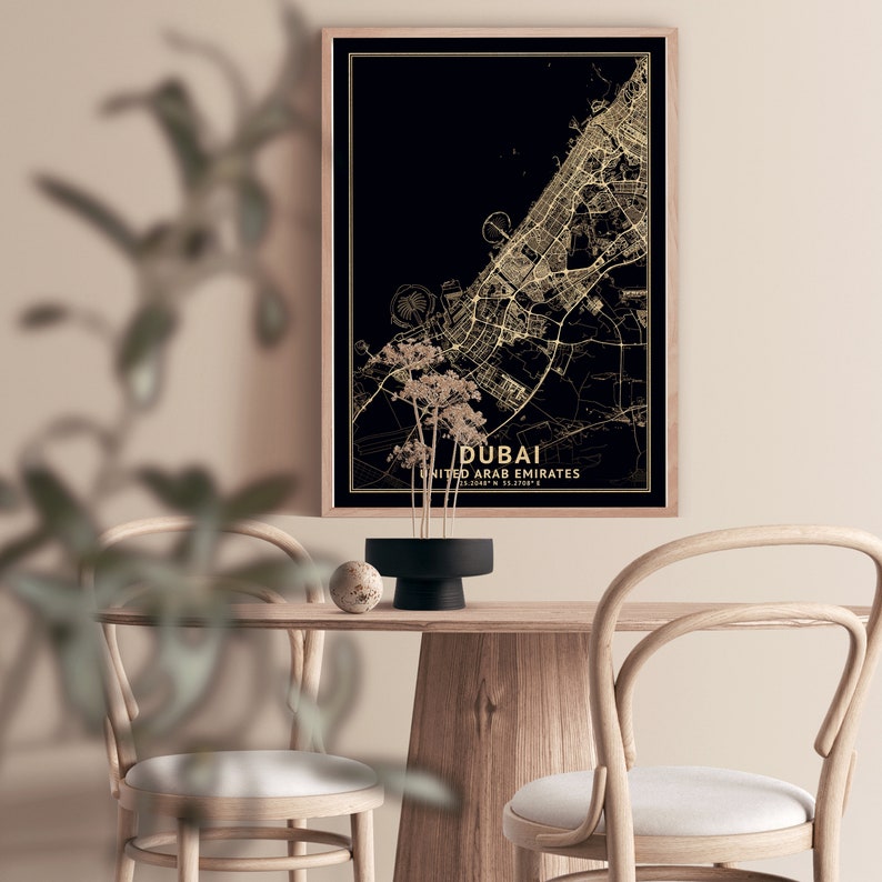 Dubai United Arab Emirates Map, Black, High Resolution Real Gold Leaf ...