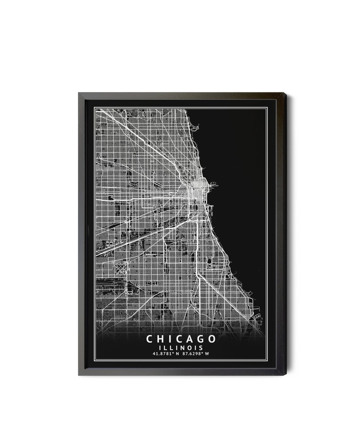 Chicago Map Black and White Inverted Black Chicago Illinois | Etsy