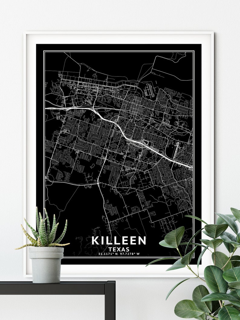 Killeen Texas Map Black and White Inverted Coordinates Map - Etsy