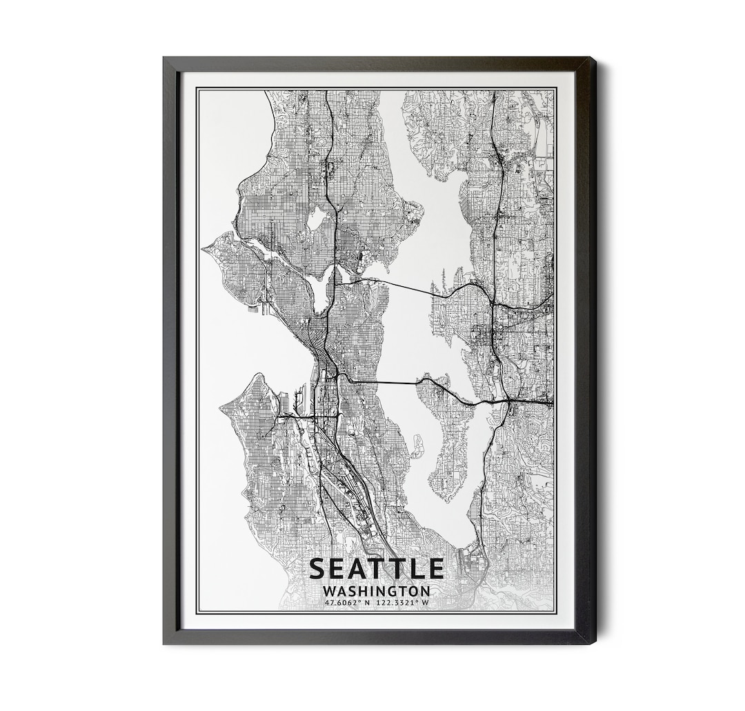 Seattle Washington Map, Seattle Map Print, Black and White, Coordinates ...