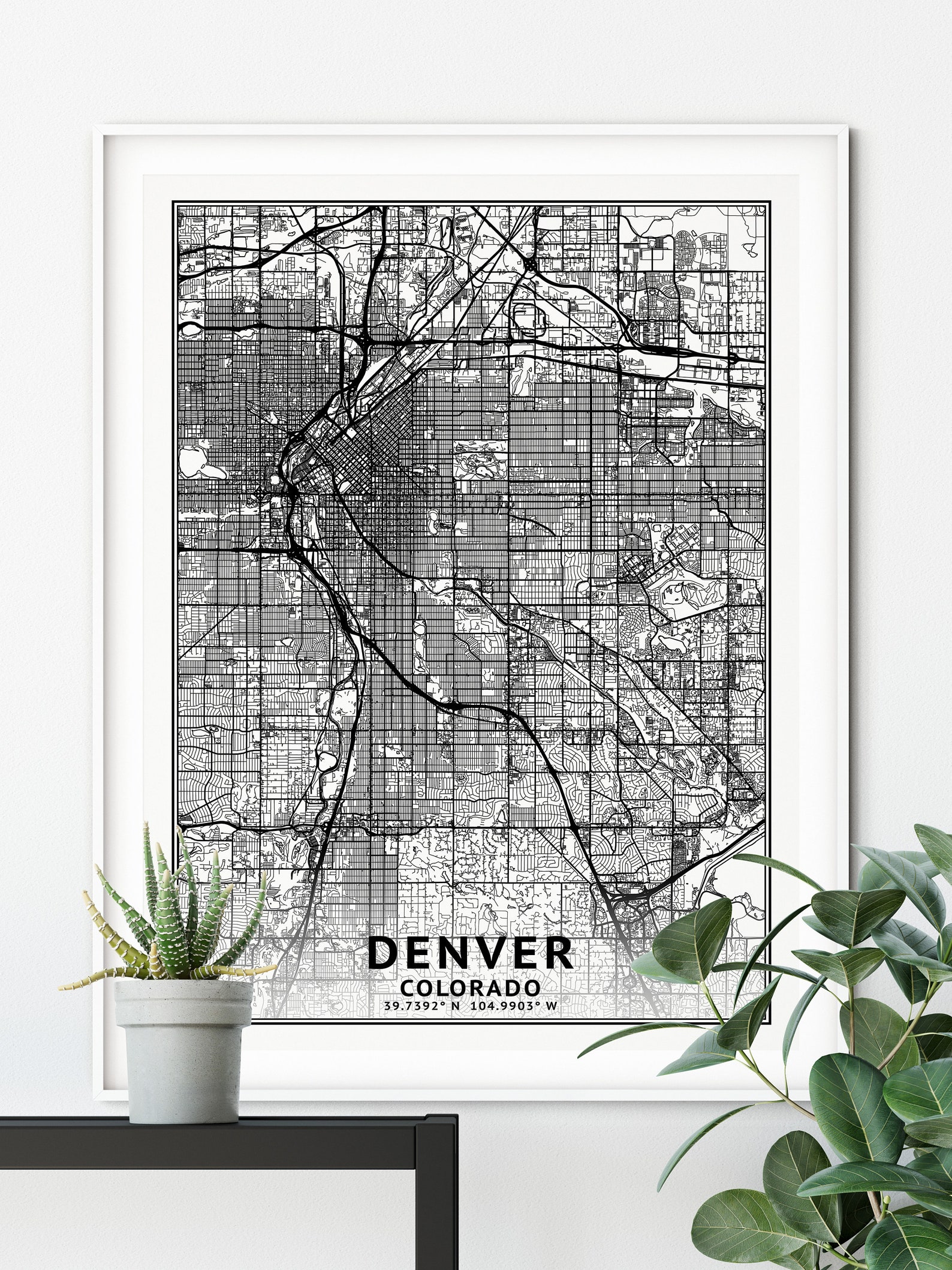 Denver Colorado Map, Black and White, Coordinates, Map of Denver ...