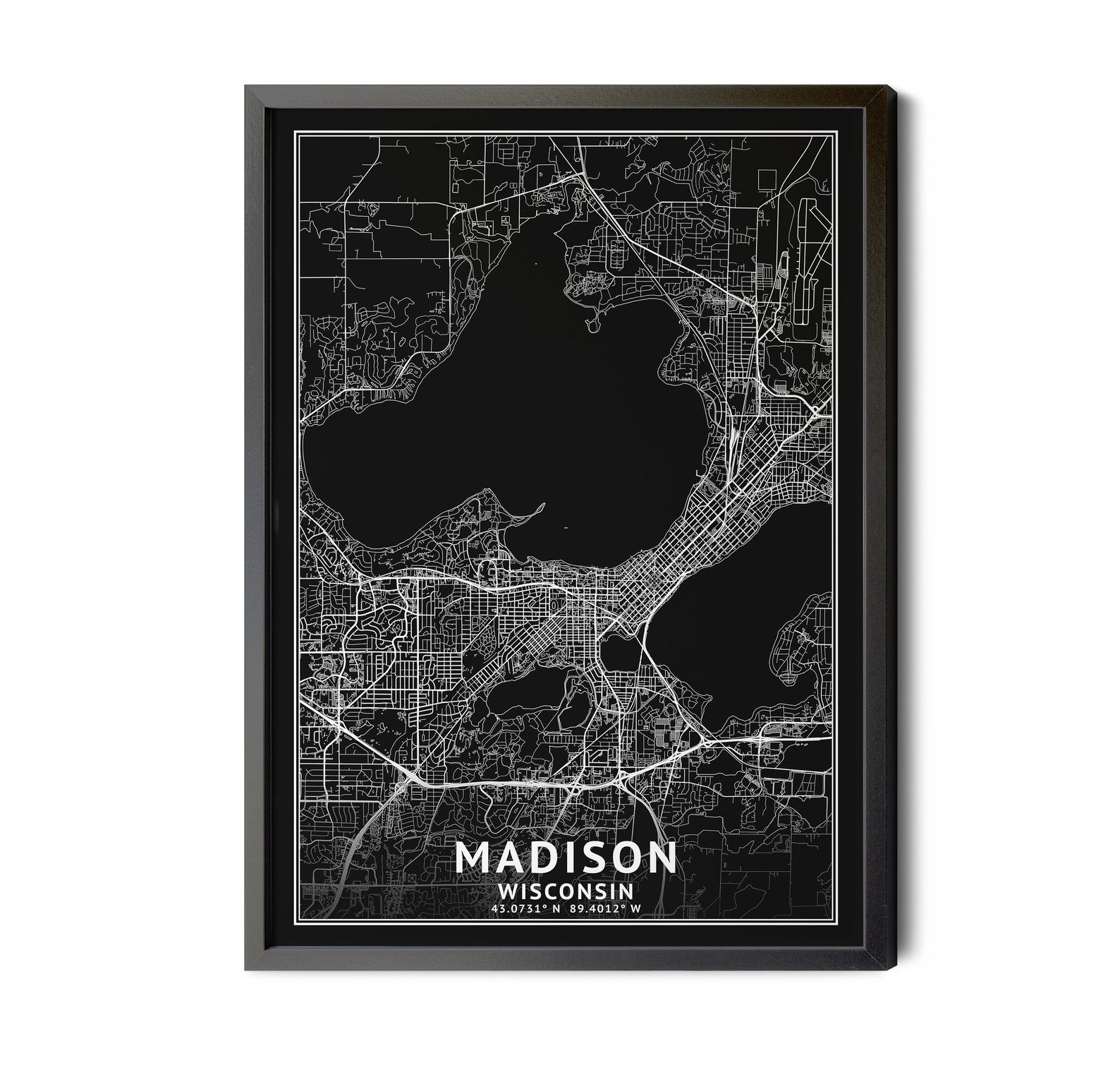Madison Wisconsin Map Black and White Inverted Coordinates - Etsy