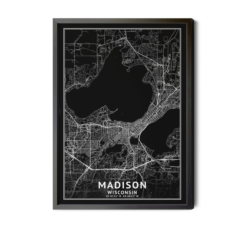 Madison Wisconsin Map Black and White Inverted Coordinates - Etsy