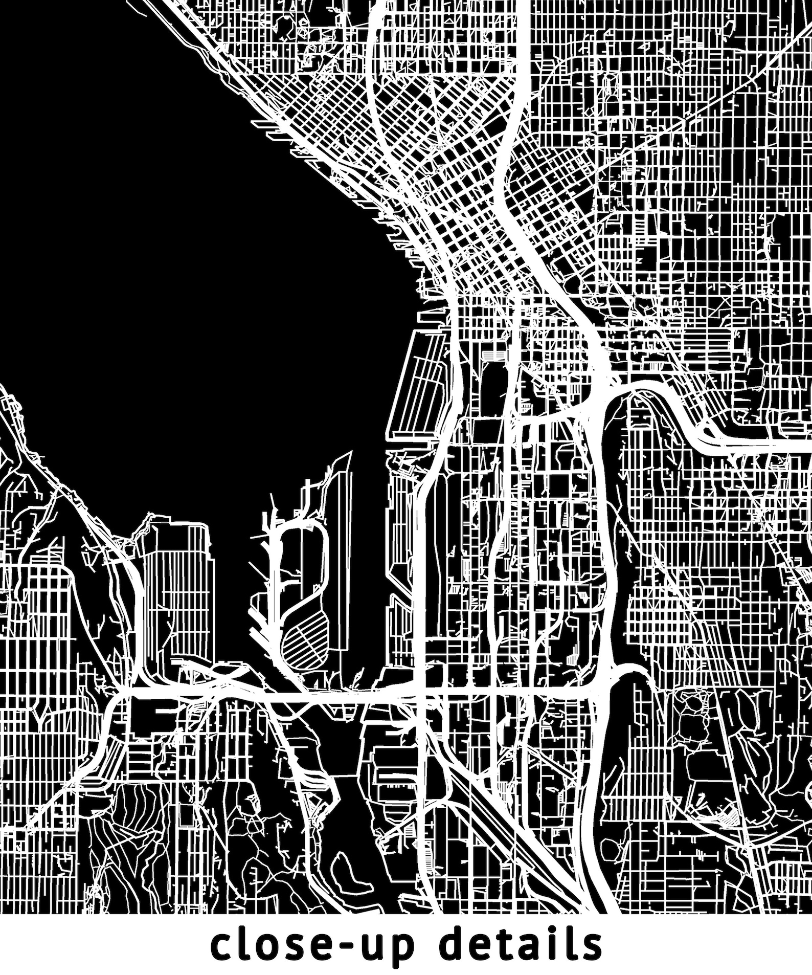 Seattle Washington Map, Black and White, Invetred Black, Coordinates ...