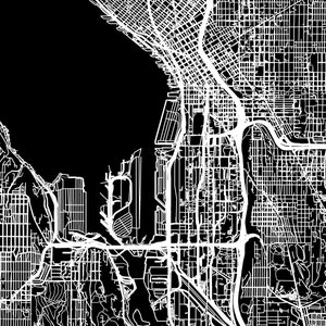 Seattle Washington Map, Black and White, Invetred Black, Coordinates ...