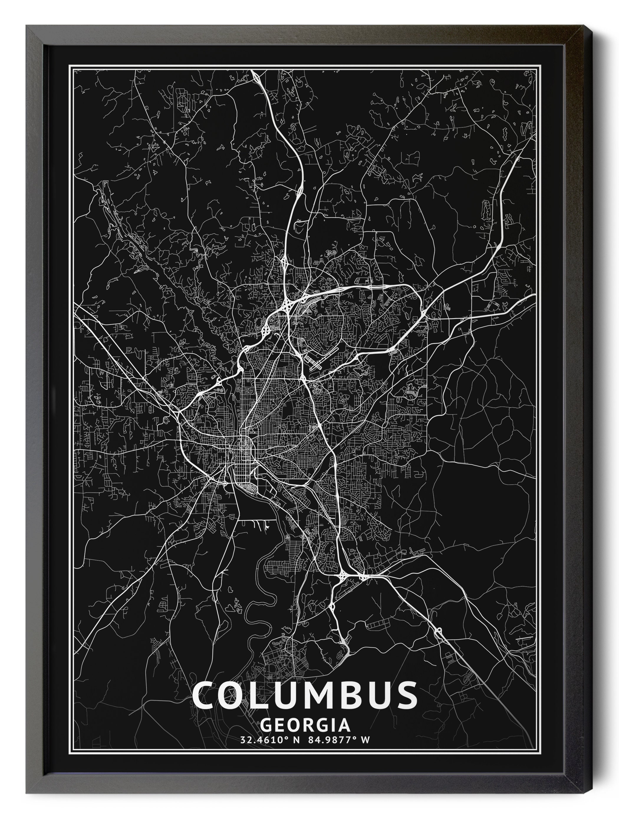 Columbus Georgia Map, Black and White, Inverted, Coordinates, Map of ...