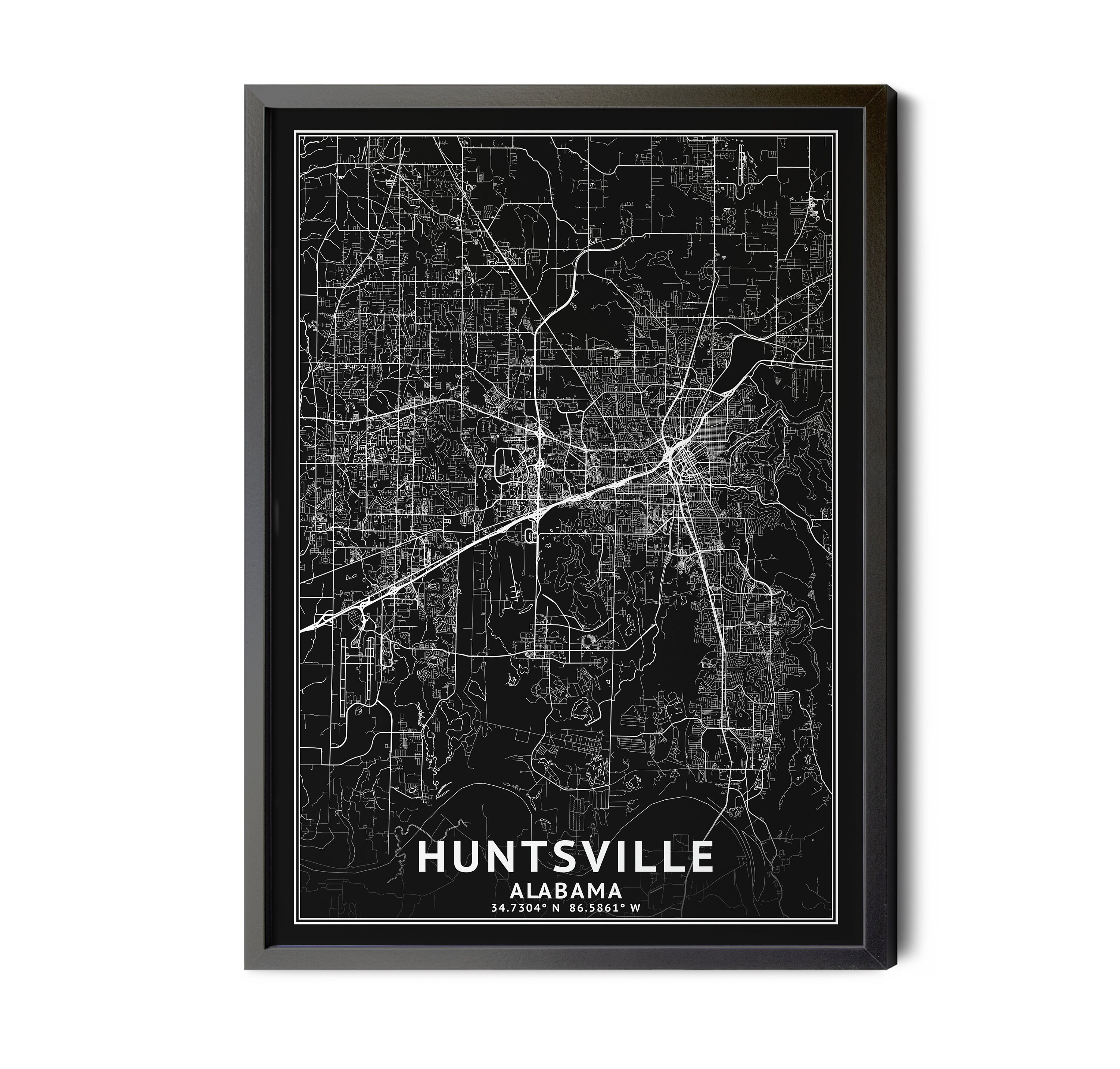 Huntsville Alabama Map, Black and White, Inverted, Coordinates, Map of ...
