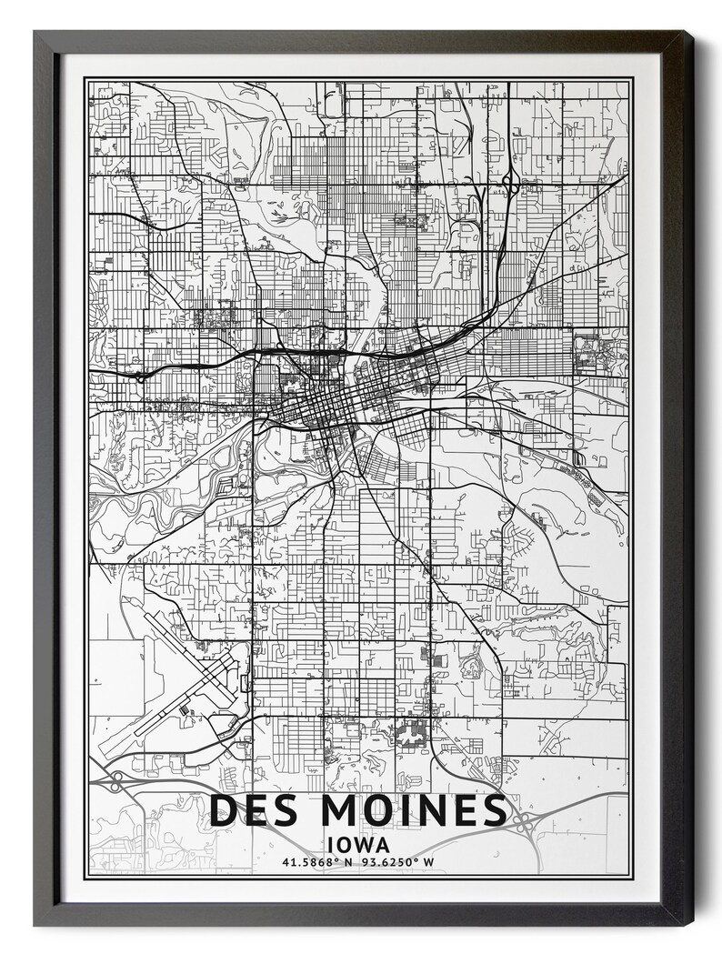 Des Moines Iowa Map, Black and White, Coordinates, Map of Des Moines ...
