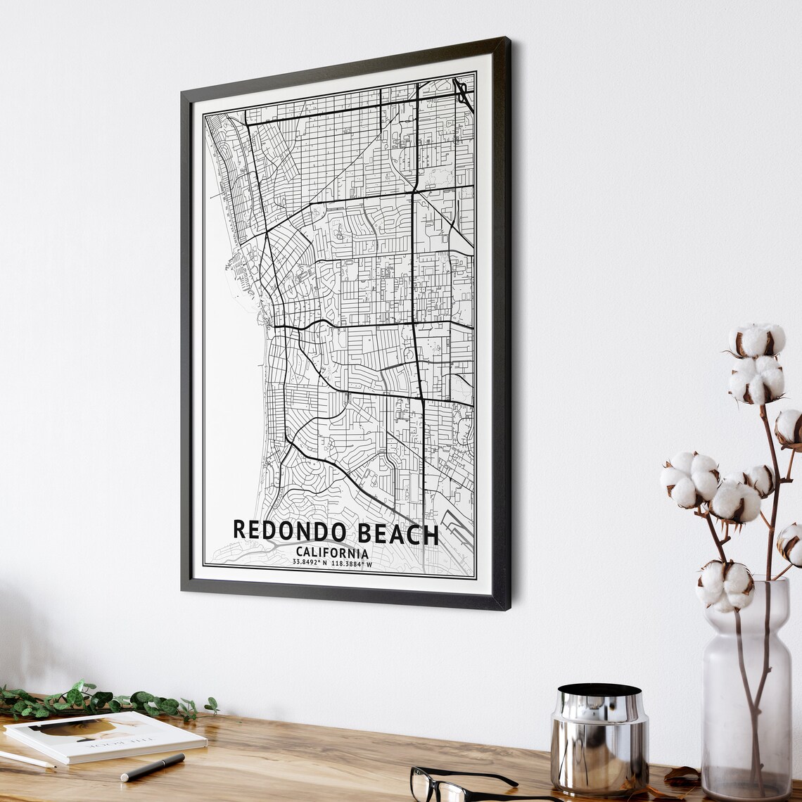 Redondo Beach California Map, Black and White, Coordinates, Map of ...