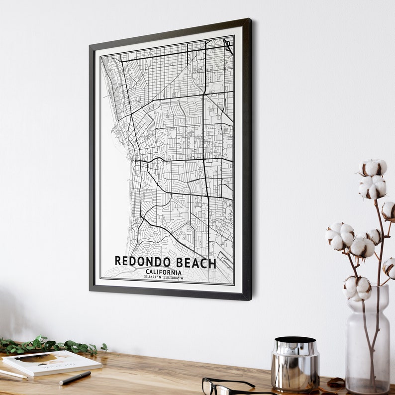 Redondo Beach California Map Black and White Coordinates - Etsy