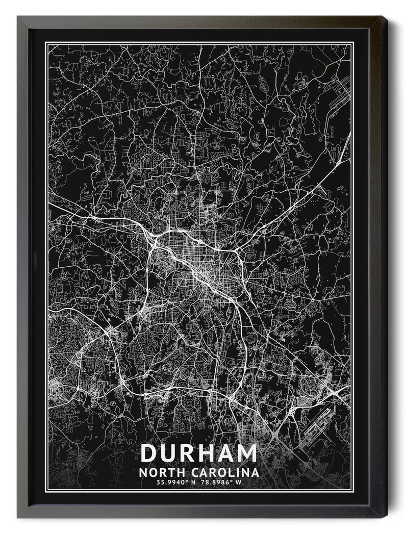 Durham North Carolina Map, Black and White, Inverted, Coordinates, Map ...