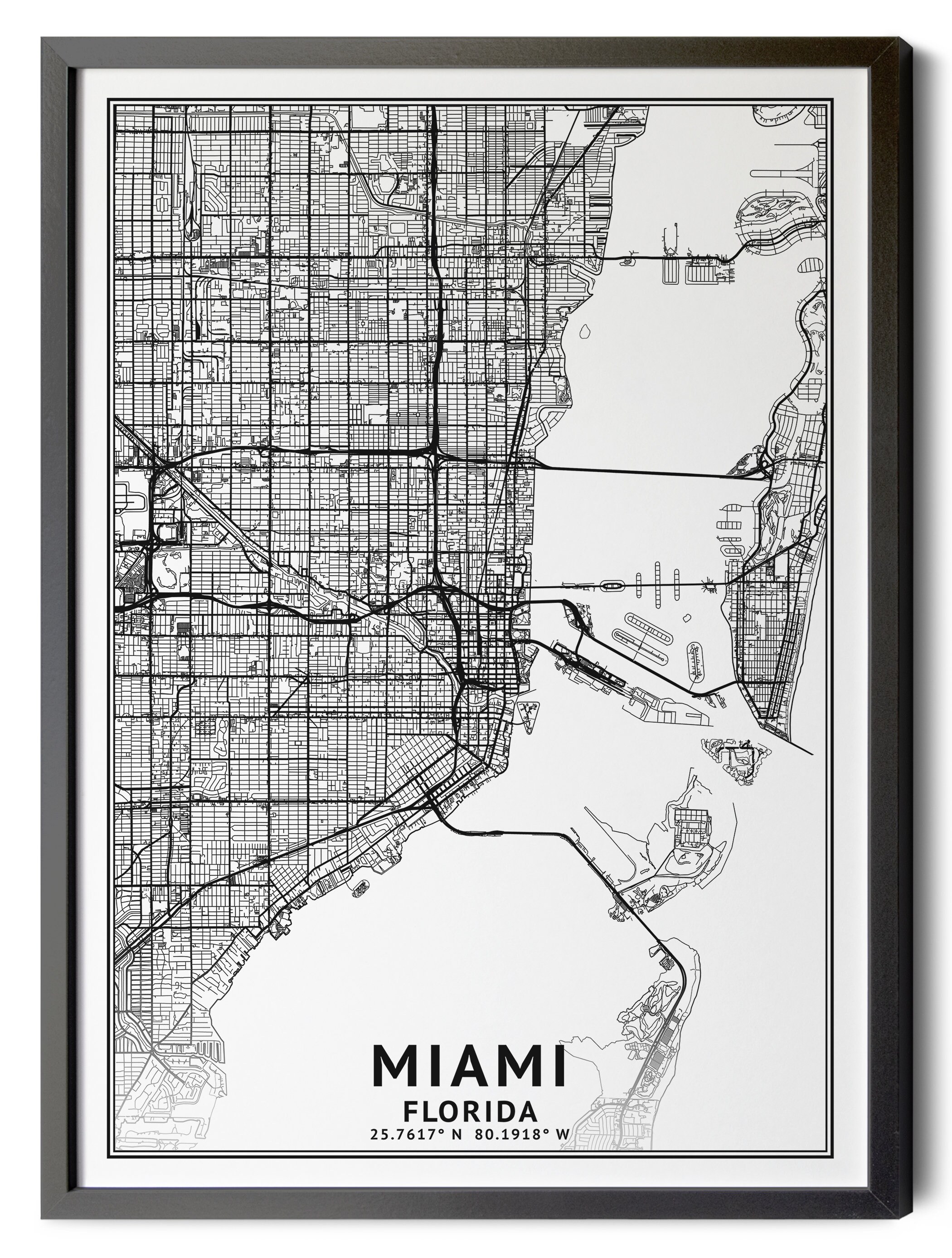 Miami Florida Map, Miami Poster, Coordinates, Minimal Map, Map of Miami ...