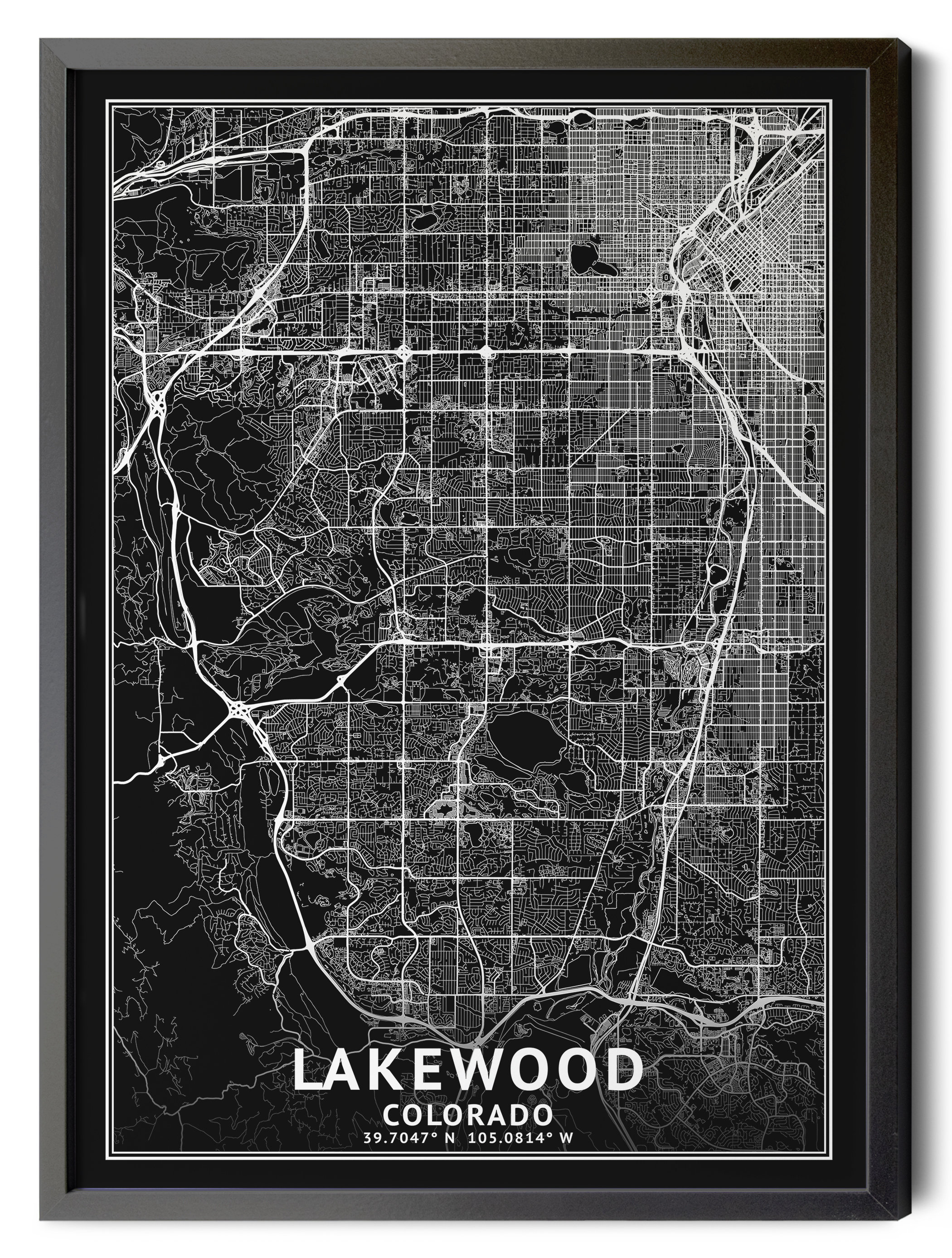Lakewood Colorado Map, Black and White, Inverted, Coordinates, Map of ...