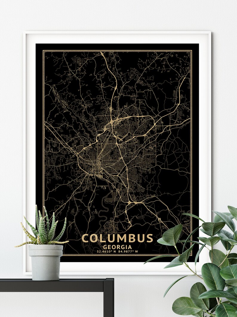 Columbus Georgia Map, Black, High Resolution Real Gold Leaf Texture ...